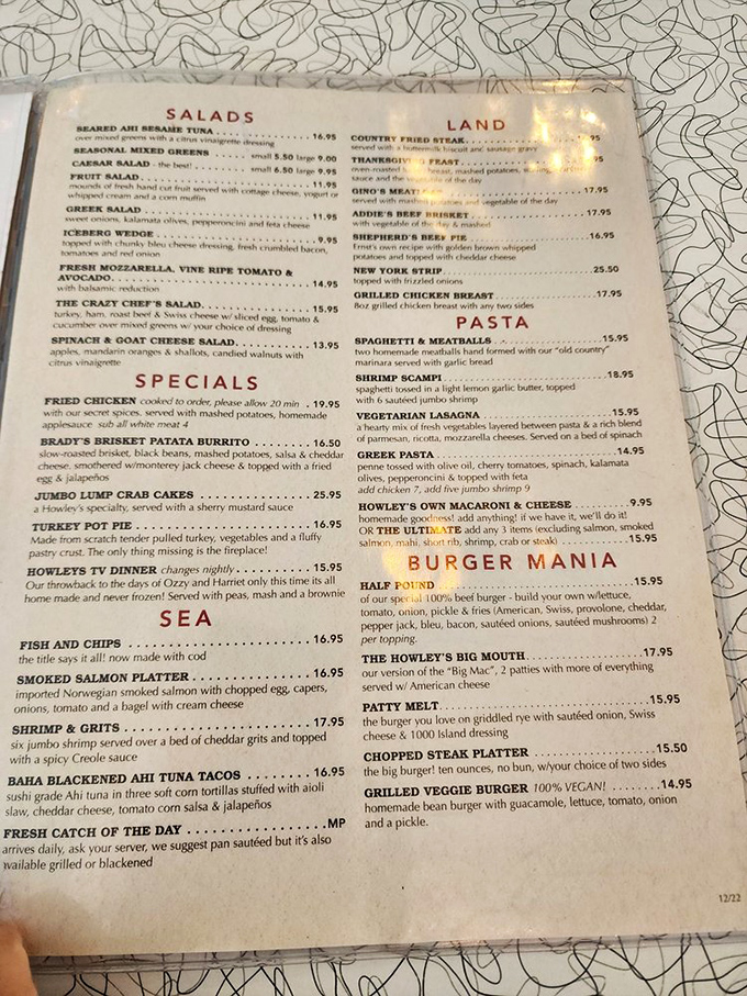 A menu that reads like a love letter to comfort food classics. The "Jumbo Lump Crab Cakes" entry practically winks at you from the page. 