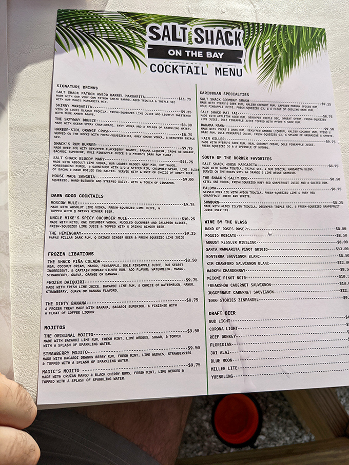 The cocktail menu reads like a love letter to tropical living. Decision paralysis has never been so deliciously rewarding.