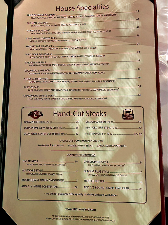 A menu that reads like a love letter to carnivores, with enough seafood options to make coastal restaurants jealous.