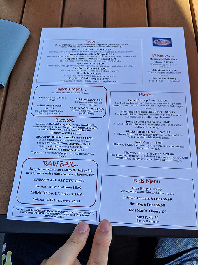 This menu isn't just a list—it's a maritime treasure map. Those "Famous Macs" aren't your childhood comfort food; they're grown-up indulgences disguised as nostalgia.