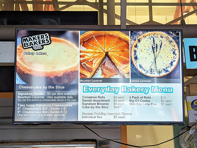 Menu board poetry: Cheesecake by the slice, cinnamon rolls by the dozen. Life's important decisions made deliciously difficult.