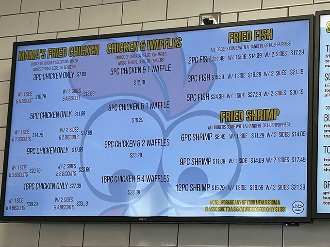 A menu that doesn't overcomplicate things&mdash;just pure fried perfection in multiple configurations. The chicken and waffle section alone deserves its own ZIP code.