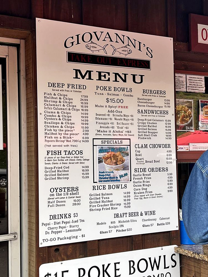 This menu isn't just a list&mdash;it's a maritime roadmap to happiness. The clam chowder bread bowl beckons like a siren song to hungry sailors.