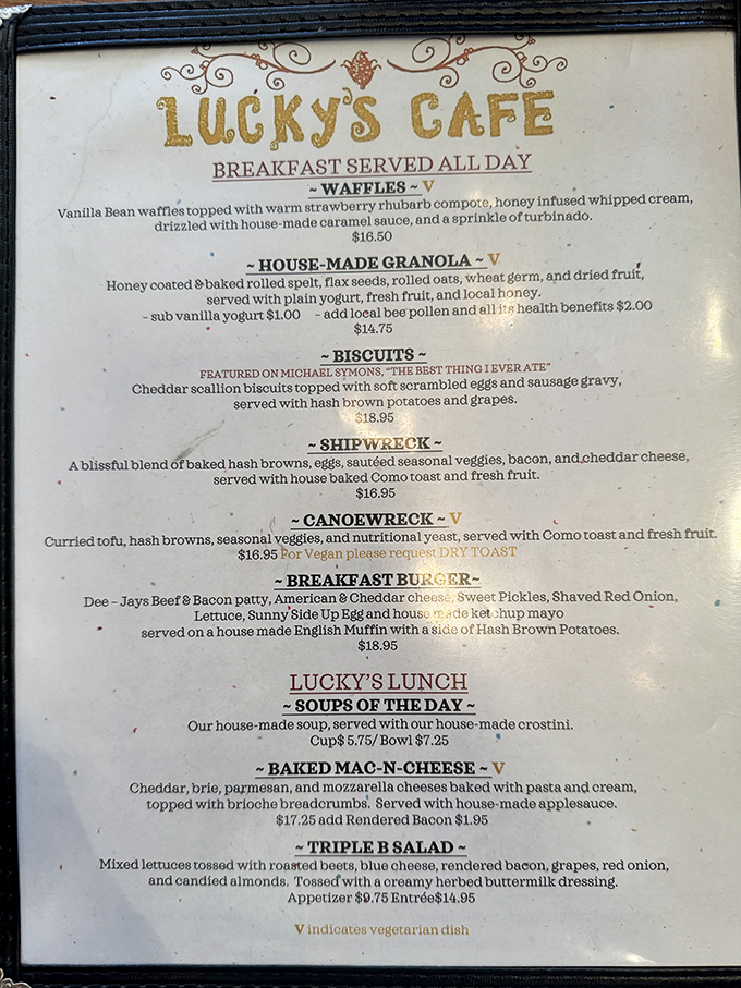 The menu reads like a love letter to comfort food. Notice Michael Symon's endorsement of those legendary biscuits&mdash;the man knows his Cleveland cuisine!