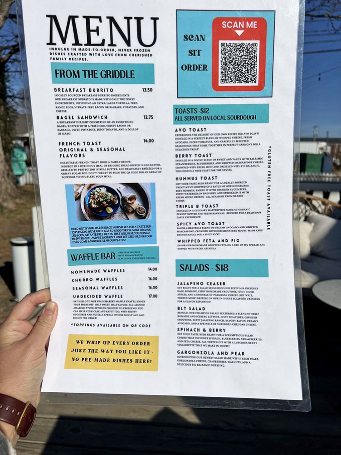 This menu isn't just a list—it's a roadmap to happiness. The "Undecided Waffle" speaks to my commitment-phobic soul.
