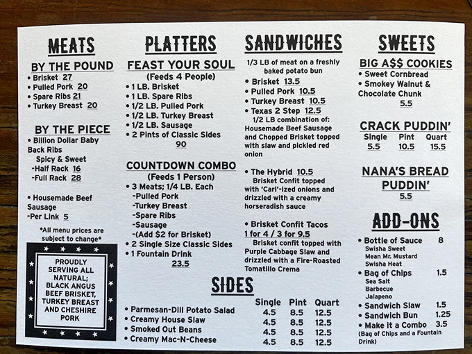 A menu that reads like barbecue poetry&mdash;simple, direct, and guaranteed to make your stomach growl louder than your car with a bad muffler. 