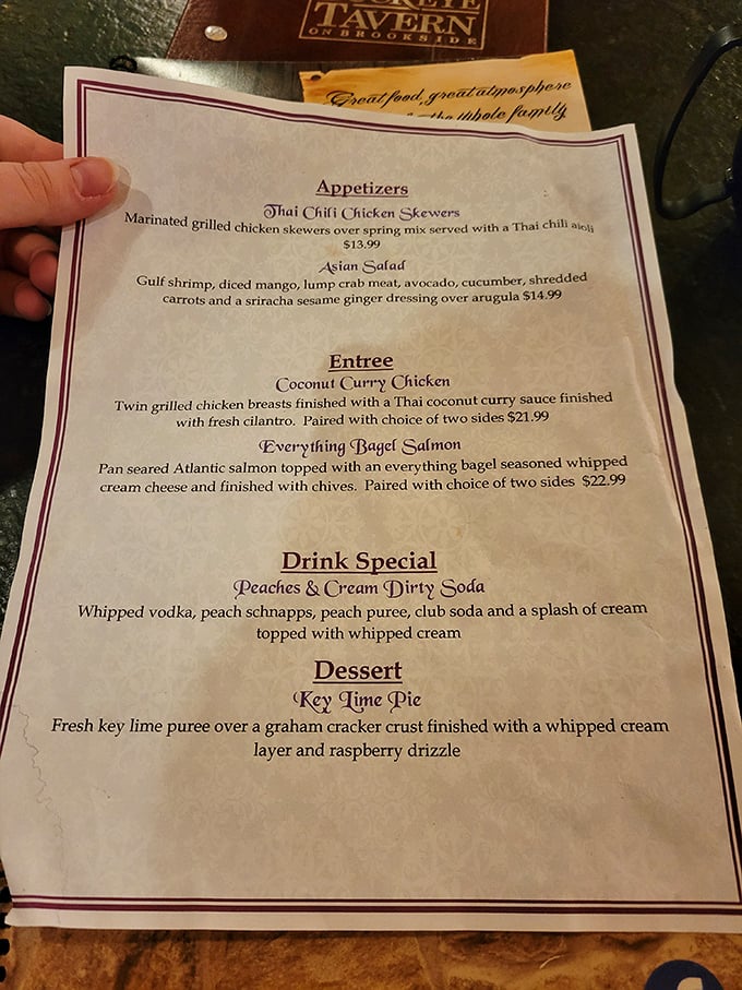 A menu that reads like a love letter to comfort food with global flair. Thai chili skewers and key lime pie? My kind of culinary geography lesson!