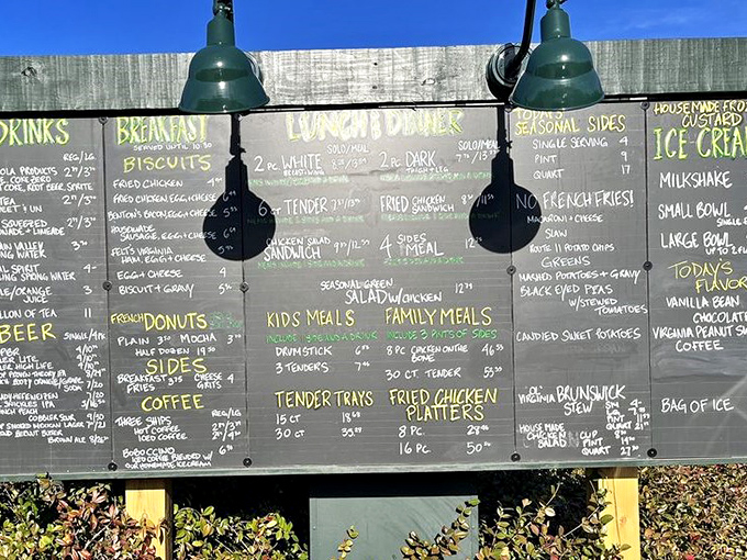 No fancy digital displays here&mdash;just honest food spelled out in chalk. And that "NO FRENCH FRIES!" warning? They mean business.