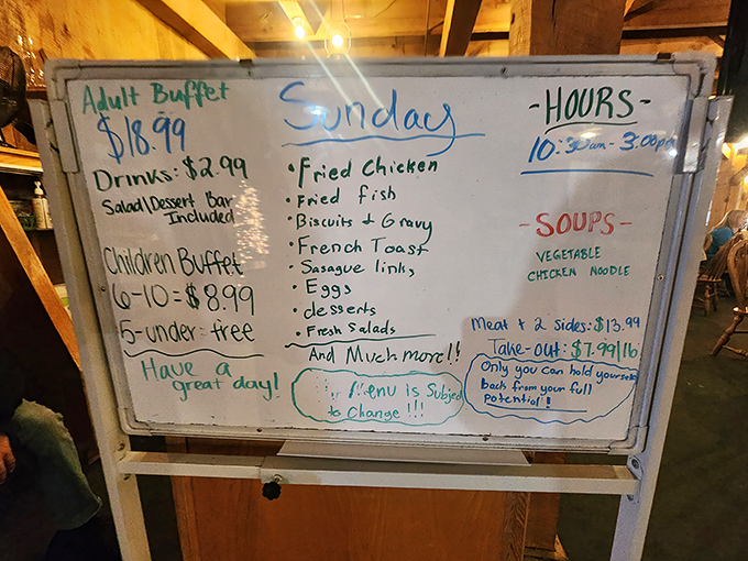 The Sunday buffet menu board tells the real story: $18.99 buys happiness in the form of fried chicken, homemade desserts, and "much more!!"