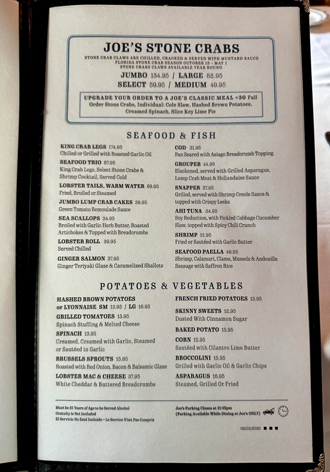 This menu isn't just a list of dishes&mdash;it's a treasure map to seafood nirvana. The stone crabs are the X that marks the spot.