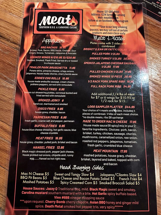 This menu isn't just a list of food&mdash;it's a roadmap to happiness. The "Head Banging Sides" section alone deserves its own zip code.