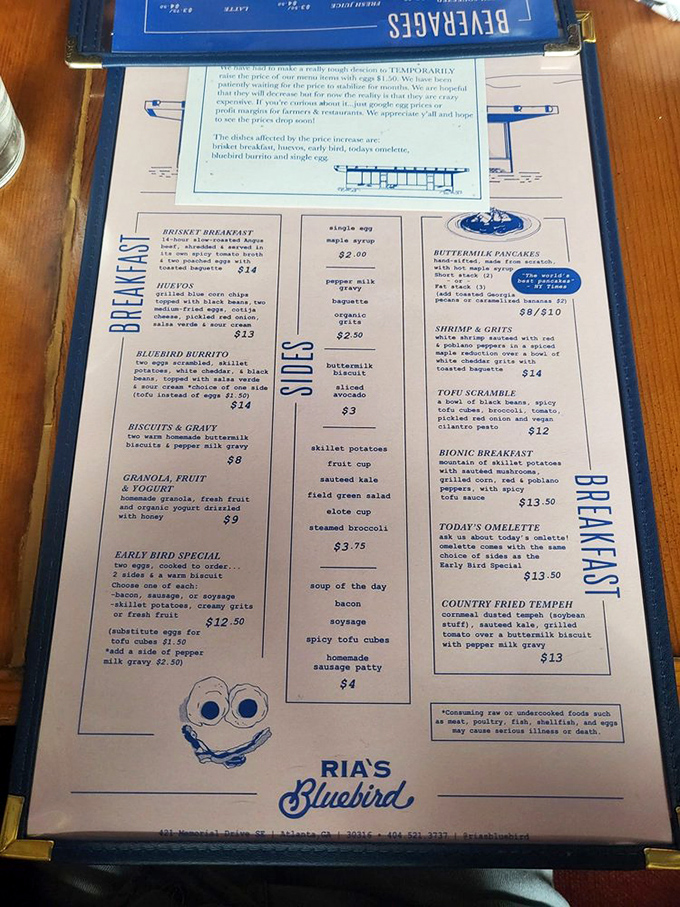 A menu that reads like a love letter to breakfast. The legendary 14-hour brisket breakfast sits proudly at the top&mdash;a morning masterpiece.