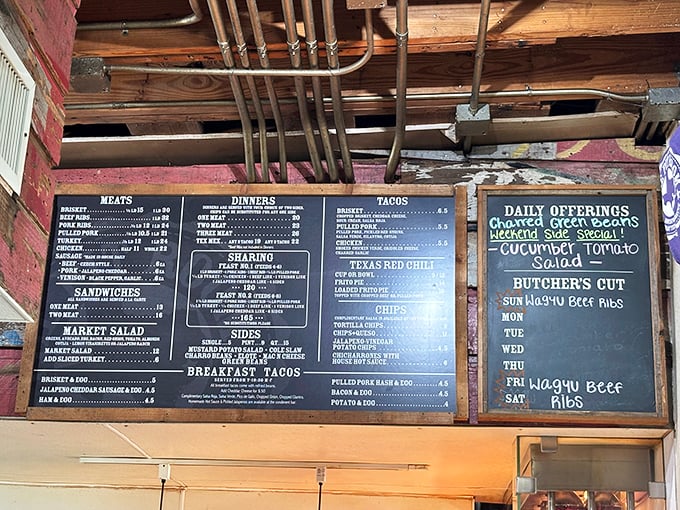 This menu reads like a love letter to smoked meat, with daily specials that change faster than your mind.