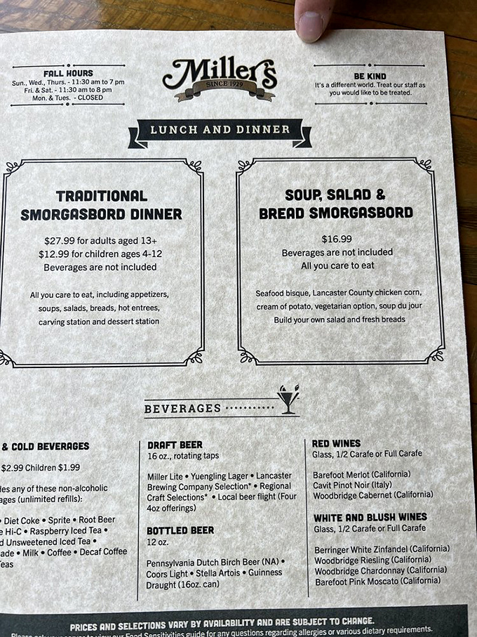 The menu lays out your mission, should you choose to accept it: conquer the Traditional Smorgasbord Dinner. Your stomach is already applauding your life choices.