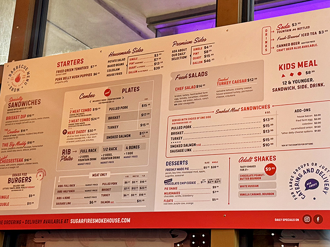 Behold, the menu of possibilities! Like reading a love letter to smoked meats where every option feels like it's personally whispering "choose me."