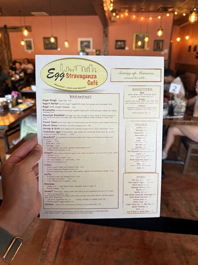 A menu held like a winning lottery ticket. "Serving up Memories around the table" isn't just cute marketing&mdash;it's the promise of breakfast nirvana.