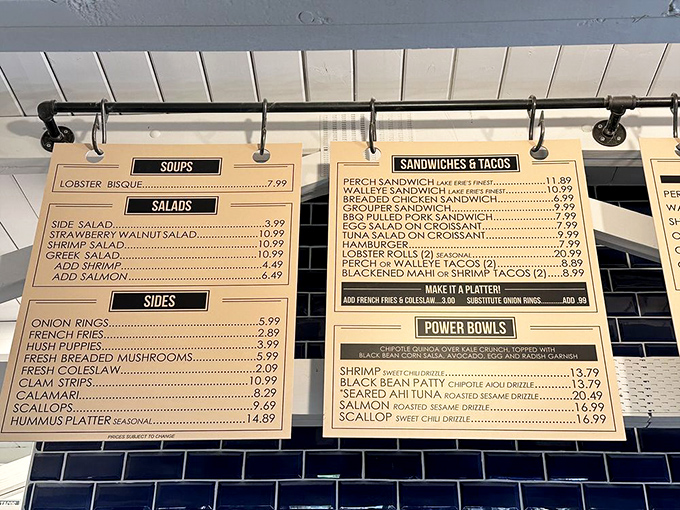 A menu board that cuts to the chase: fresh Lake Erie bounty without pretense. Decision paralysis has never been so delicious.