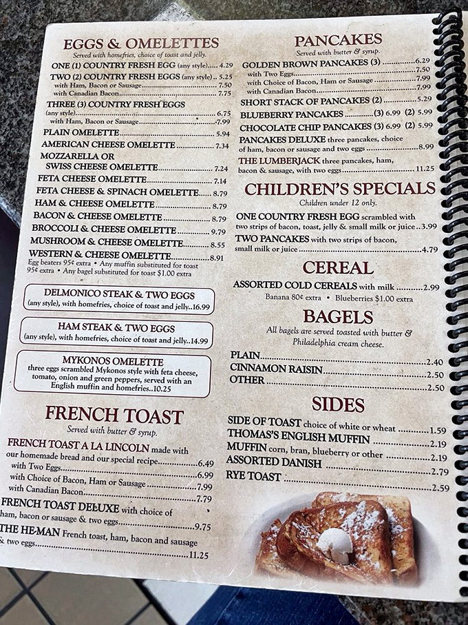 This menu isn't just a list of food&mdash;it's a roadmap to happiness. The Lumberjack breakfast alone could fuel your entire Gettysburg battlefield tour.