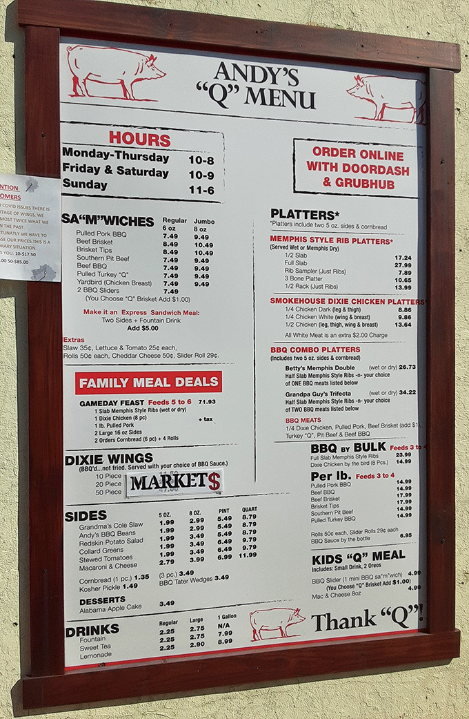 This menu isn't just a list of options &ndash; it's a roadmap to happiness with pit beef, pulled pork, and Memphis-style ribs leading the way.