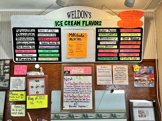 The flavor board – a handwritten masterpiece that makes choosing just one scoop the day's most delightful dilemma.