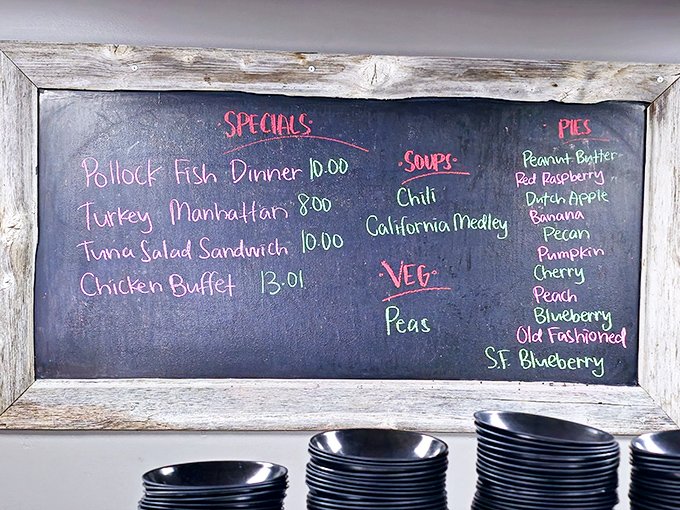 Forget fancy digital menus&mdash;this handwritten chalkboard of daily specials and homemade pies speaks the universal language of comfort food.