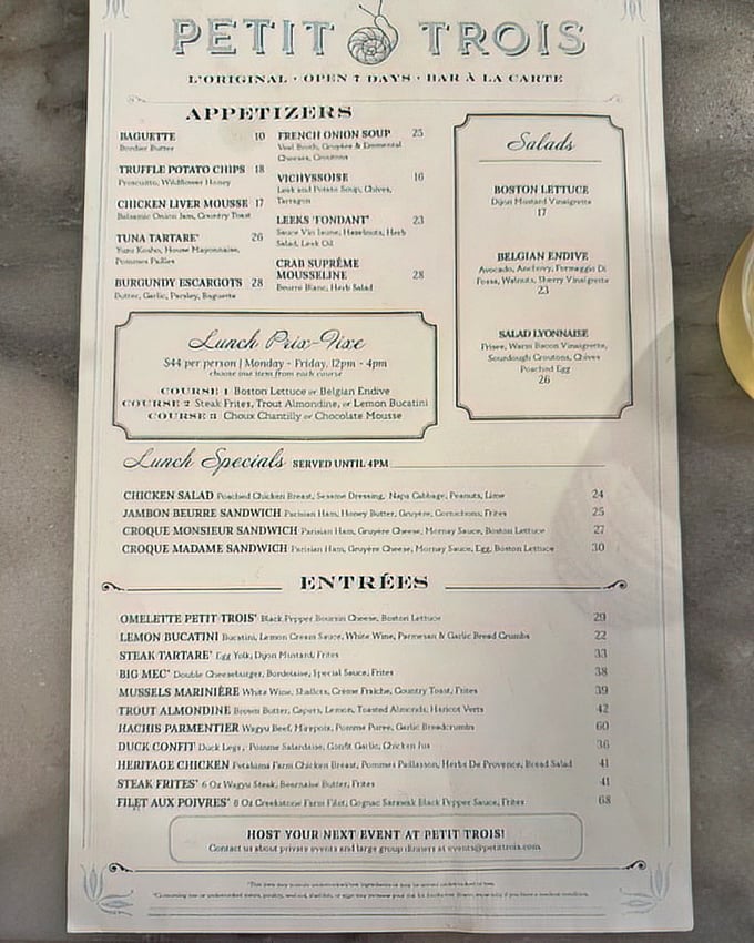 A menu that reads like a love letter to French cuisine. Each item promises a direct flight to Paris without the jet lag or passport check.