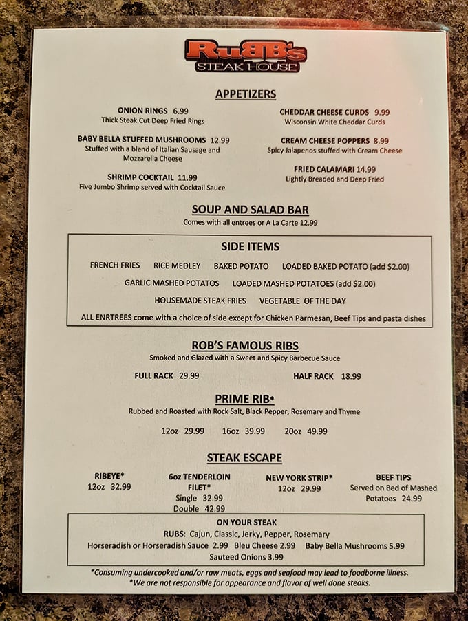 This menu isn't just a list of food&mdash;it's a roadmap to happiness. The "Steak Escape" section alone is worth framing for your kitchen wall.