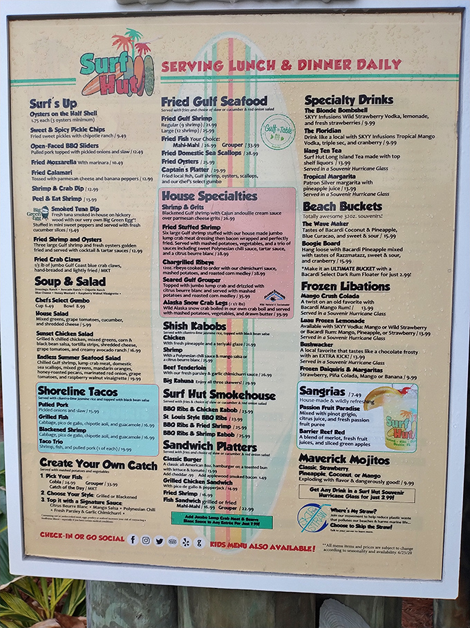 A menu that reads like coastal poetry. When "Fried Gulf Shrimp" and "Beach Buckets" share the same page, you know you've found your happy place.