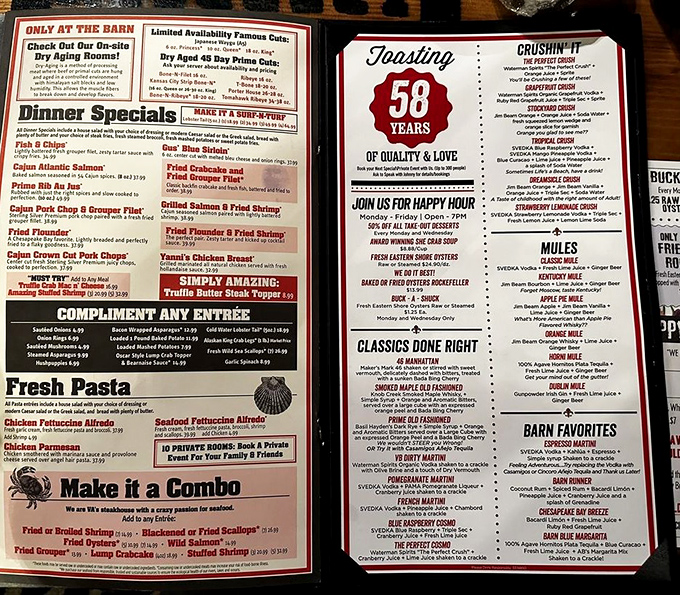 This menu reads like a love letter to meat lovers, with prime rib taking center stage like Sinatra at the Copa.