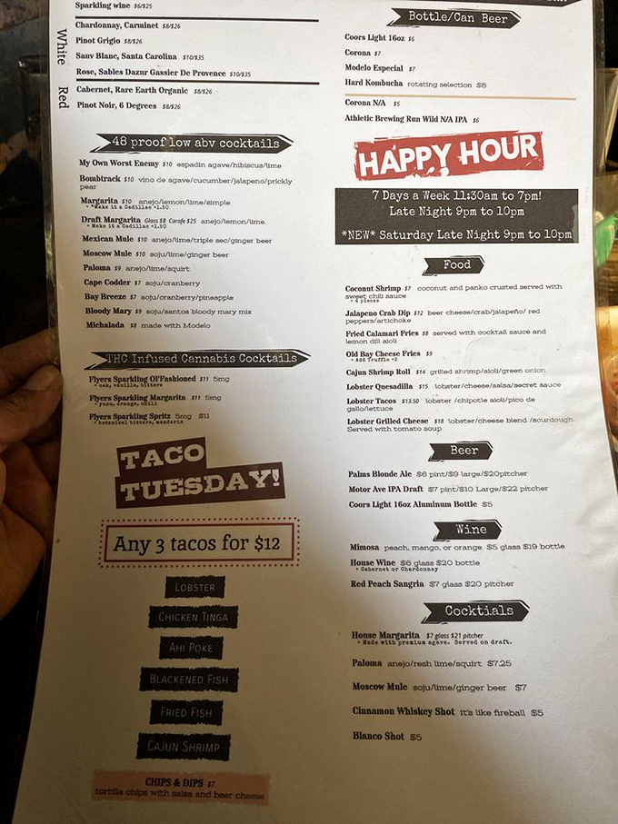 This menu reads like a love letter to crustaceans with a side of "why choose?" Happy hour seven days a week? Now that's happiness.