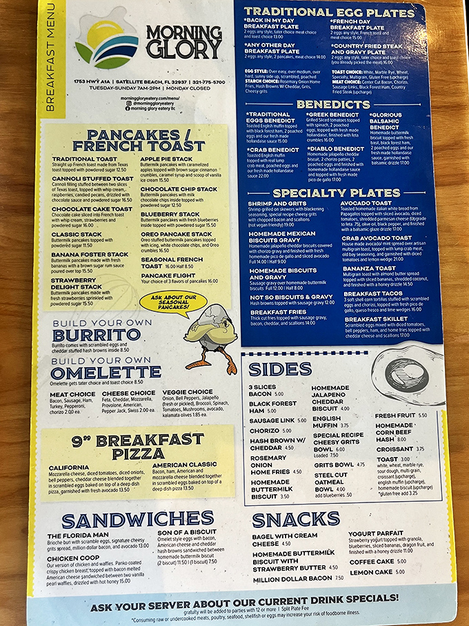 A menu that reads like a love letter to breakfast. Choosing between the Oreo Pancake Stack and Crab Benedict might be the hardest decision you'll make all day.