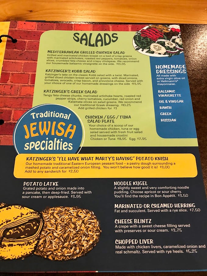 The menu reads like a love letter to Jewish deli traditions. That potato knish description alone is worth the trip.