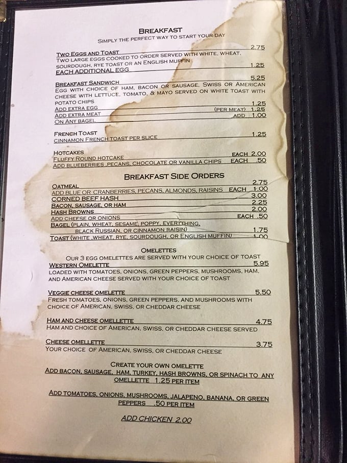 A well-worn menu tells stories of countless breakfasts past. The coffee stains are like historical markers of satisfied customers.