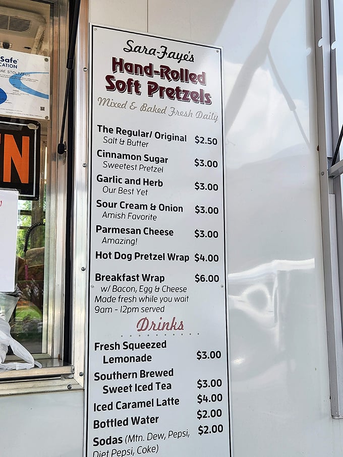 Sara-Faye's pretzel menu reads like poetry to the hungry traveler. The "Amish Favorite" sour cream and onion might just change your life.