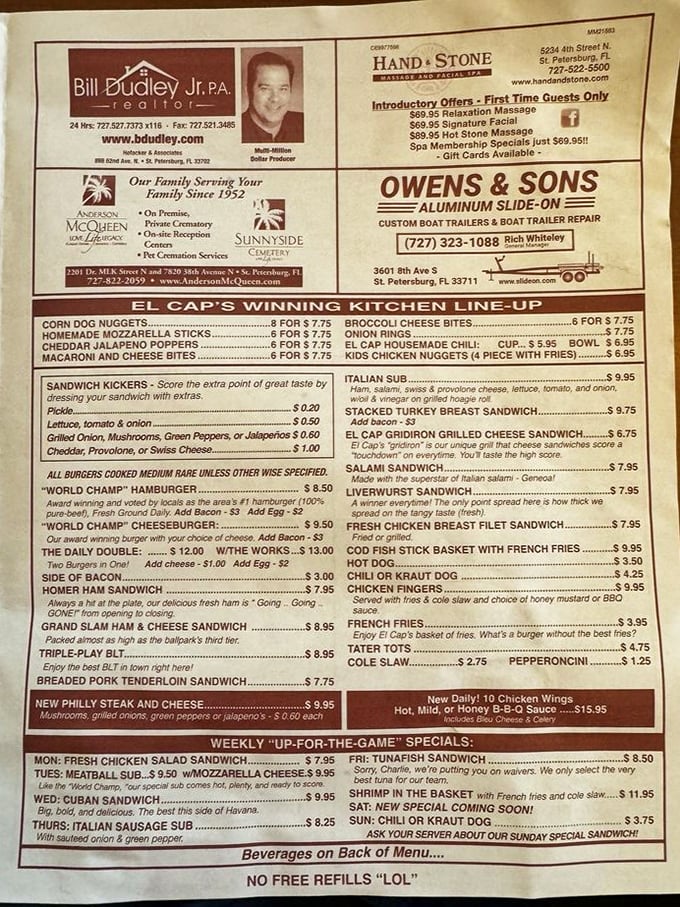 A menu that doesn't need updating because perfection is timeless. El Cap's offerings read like a greatest hits album of American comfort food.