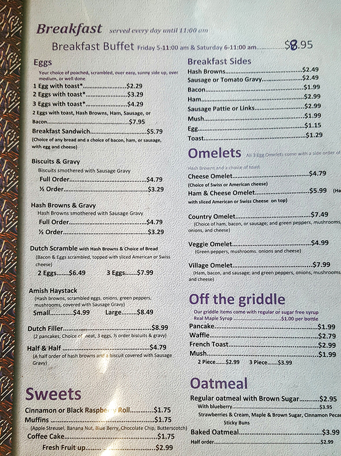 This menu isn't just a list of food &ndash; it's a roadmap to happiness with the legendary Amish Haystack calling your name from the bottom left.