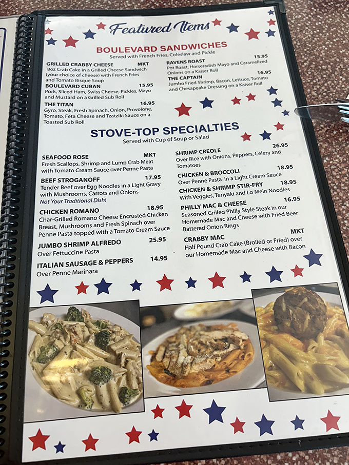 This menu reads like a love letter to Maryland cuisine. The Grilled Crabby Cheese alone is worth the trip across state lines.