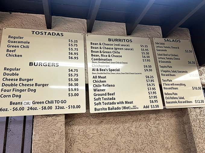 The menu board reads like a greatest hits album of Mexican comfort food. No fancy descriptions needed when the food speaks for itself.