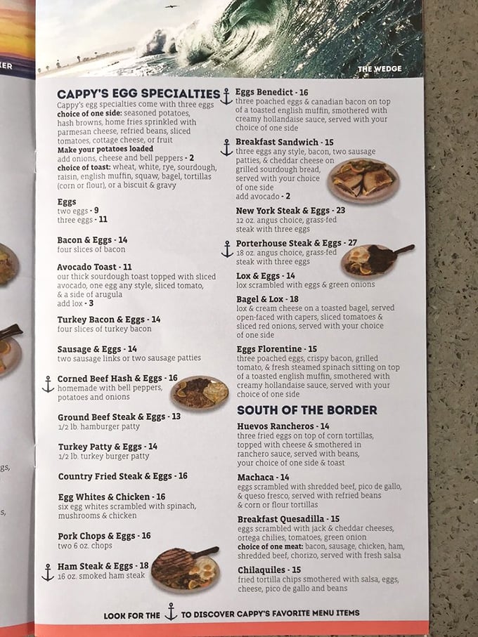 The menu reads like a love letter to breakfast classics, with those little anchor symbols marking Cappy's favorites &ndash; nautical guidance for hungry souls.