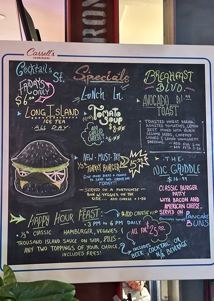 That chalkboard menu tells you everything you need to know – this place takes burgers seriously but keeps the atmosphere delightfully casual.