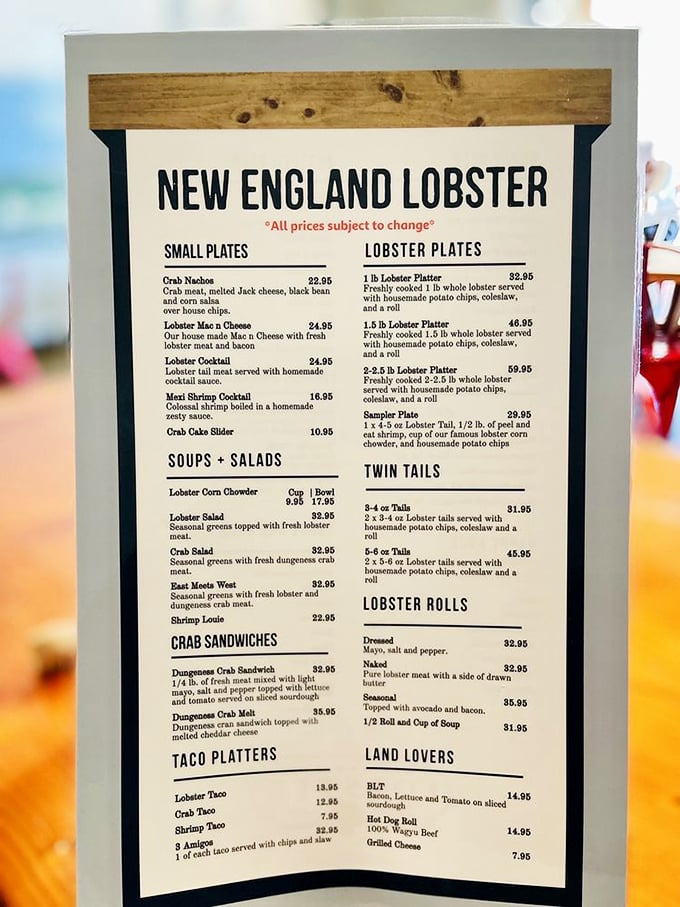 The menu reads like a love letter to seafood enthusiasts &ndash; notice how your eyes immediately dart to "lobster roll" like a homing device.