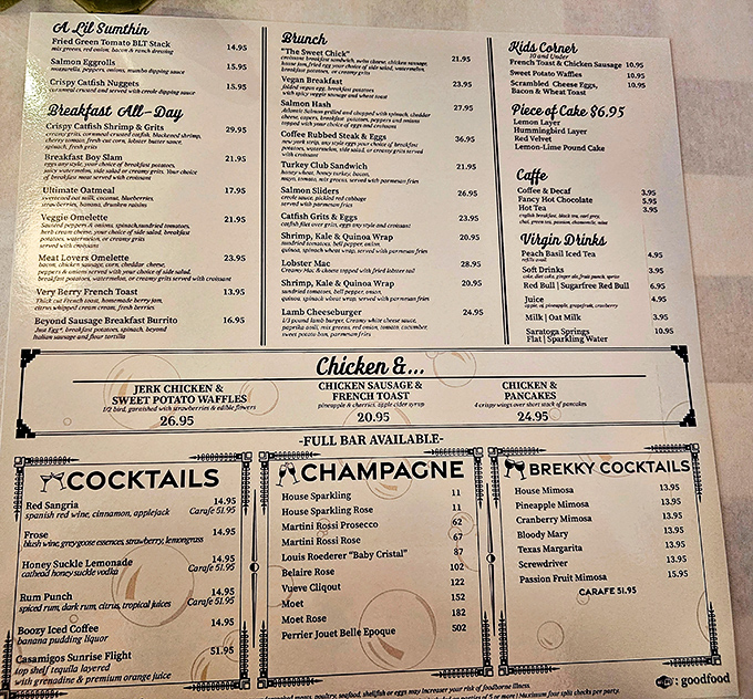 The menu reads like a love letter to Southern breakfast traditions with enough creative twists to make even the most jaded brunch veteran smile.