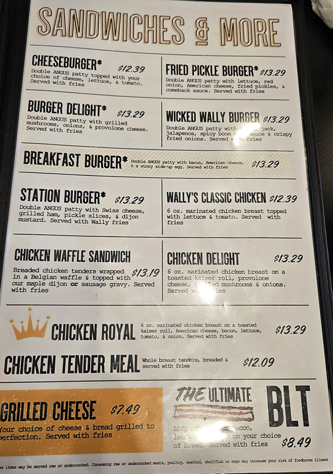 The lunch menu reveals Wally's secret weapon: they're not just waffle wizards but burger maestros too.