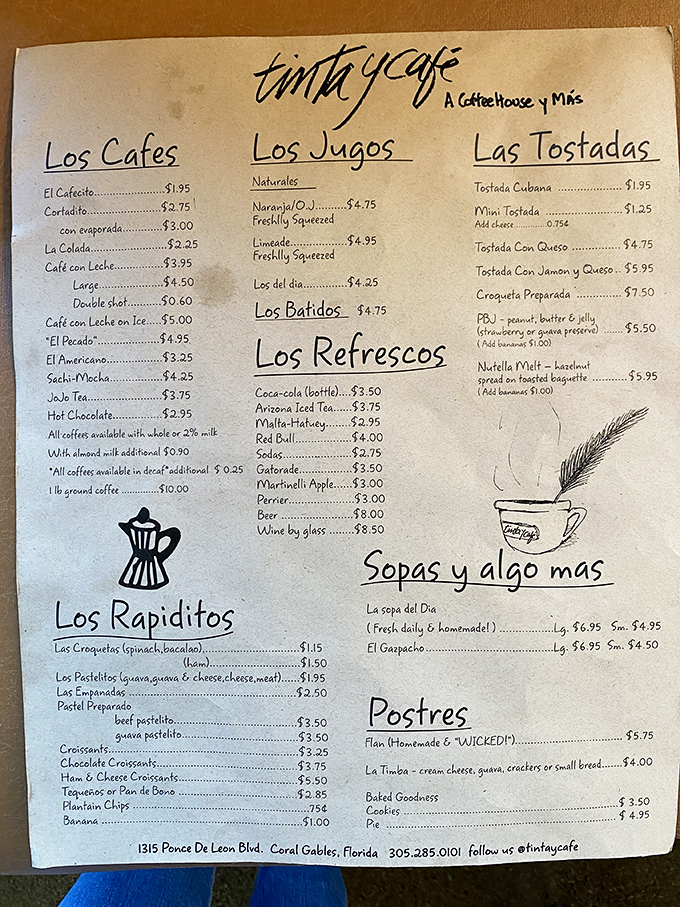 This menu isn't just a list&mdash;it's a roadmap to Cuban culinary bliss. Notice how "WICKED" flan demands your attention? That's no accident.