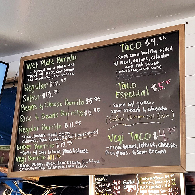 The handwritten menu board tells no lies &ndash; just honest prices for extraordinary Mexican comfort food. 