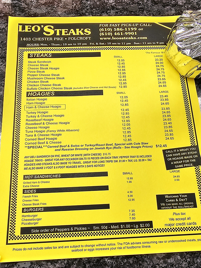 The yellow menu of possibilities. Like a treasure map where X marks the spot for your next delicious adventure.