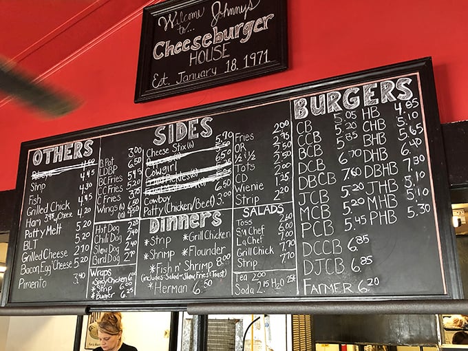 Menu poetry written in chalk &ndash; each cryptic burger code (BHB? DCBC?) represents a different path to happiness.