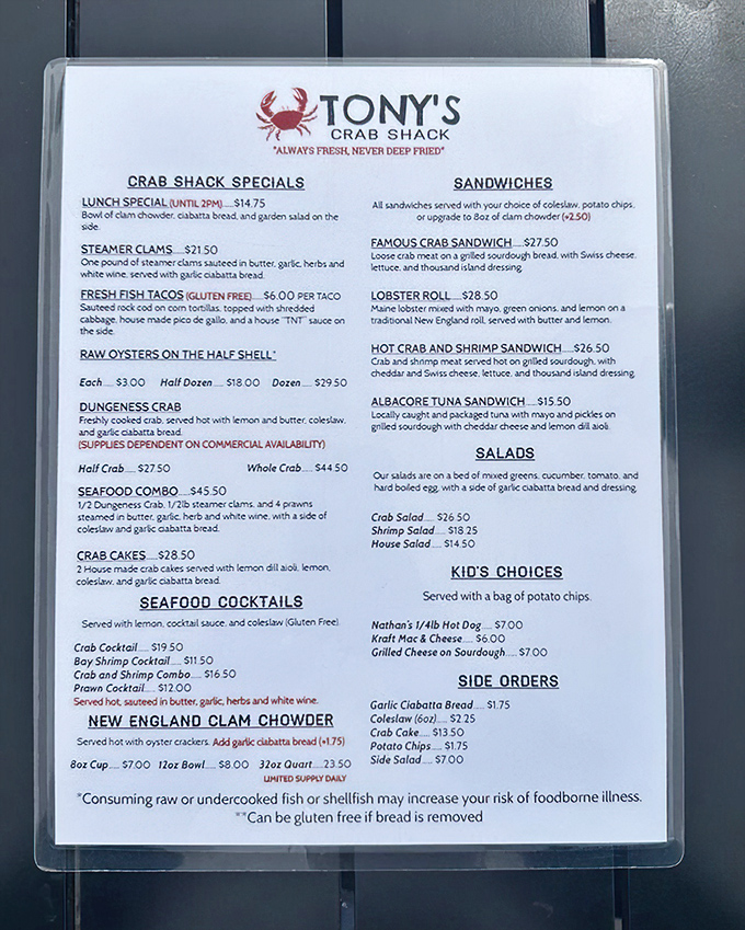 This menu isn't just a list of dishes&mdash;it's a treasure map to seafood nirvana. The "Always fresh, never deep fried" motto tells you everything you need to know.