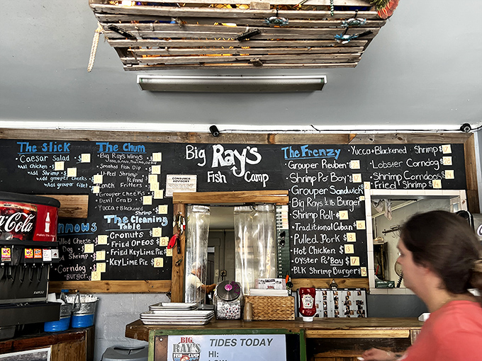 Decisions, decisions! The chalkboard menu at Big Ray's reads like poetry to seafood lovers – each item a potential life-changing experience.