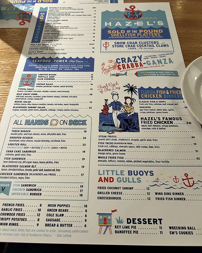 The playfully illustrated menu reads like a love letter to the ocean, with sections like "Crazy Crab-A-Ganza" tempting even the most decisive diner.